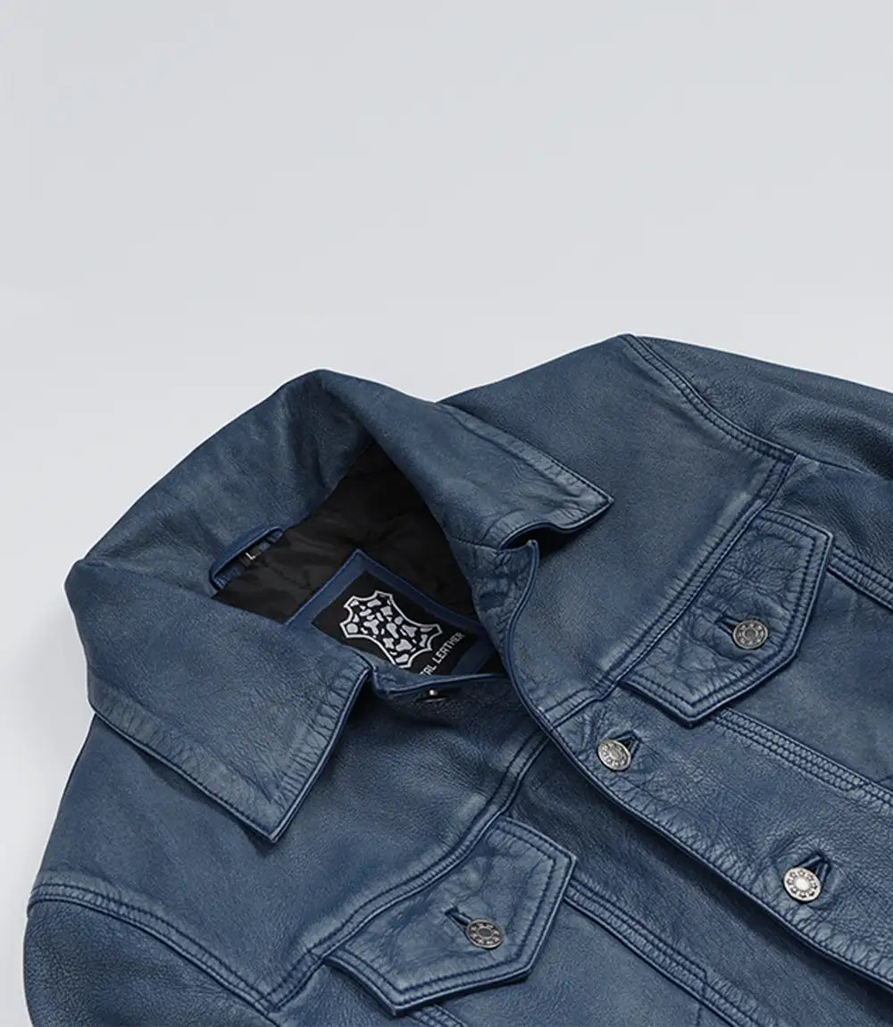 Mens Blue Distressed Leather Trucker Jacket - Denim Style